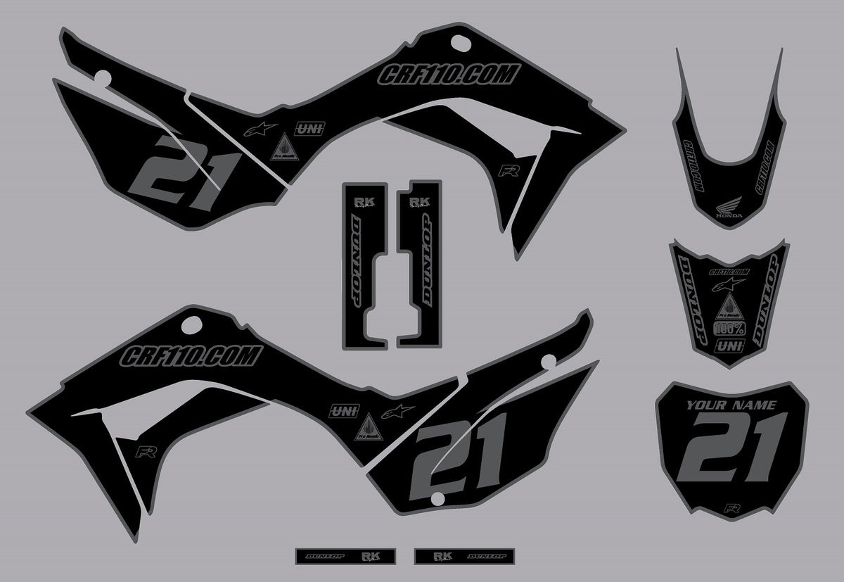 2019-2025 Honda CRF110 Full Graphics Kit (Black-Grey) Bold Series - CR ...