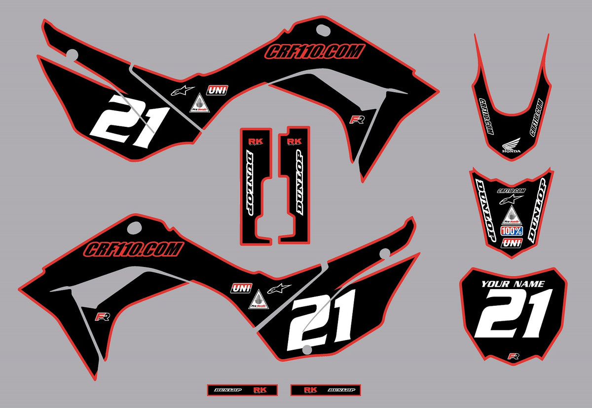 2019-2025 Honda CRF110 Full Graphics Kit (Black-Red) Bold Series - CRF ...
